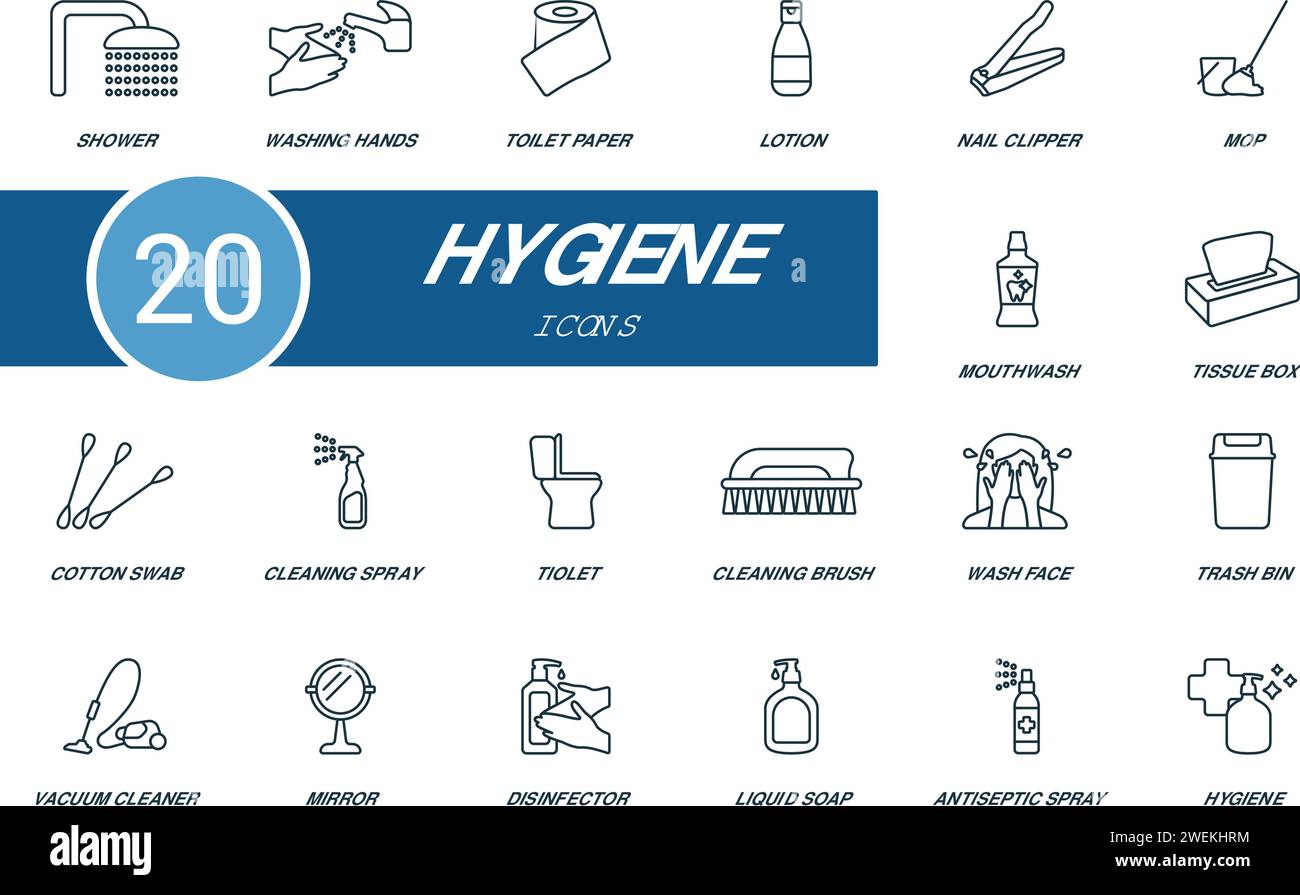 Hygiene outline icons set. Creative icons: shower, washing hands ...