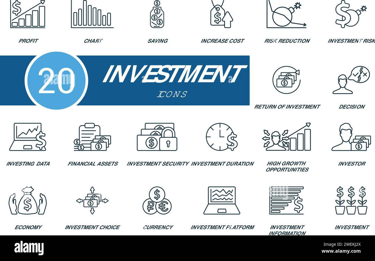 Investment outline icons set. Creative icons: profit, chart, saving ...