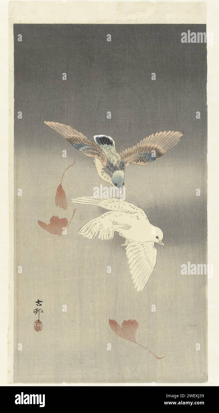 Two pigeons in falling Ginkgo Leaves, Ohara Koson, 1900 - 1930 print ...