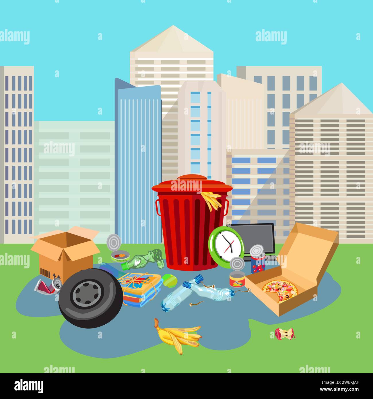 Red trash can with unsorted waste against the background of city ...