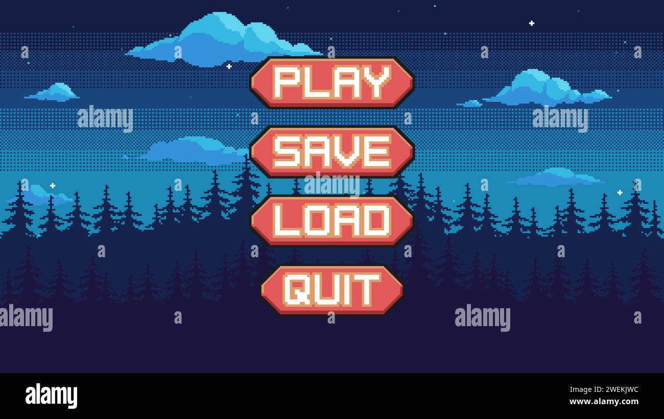 Pixel art game menu with buttons and forest at night background. Retro ...