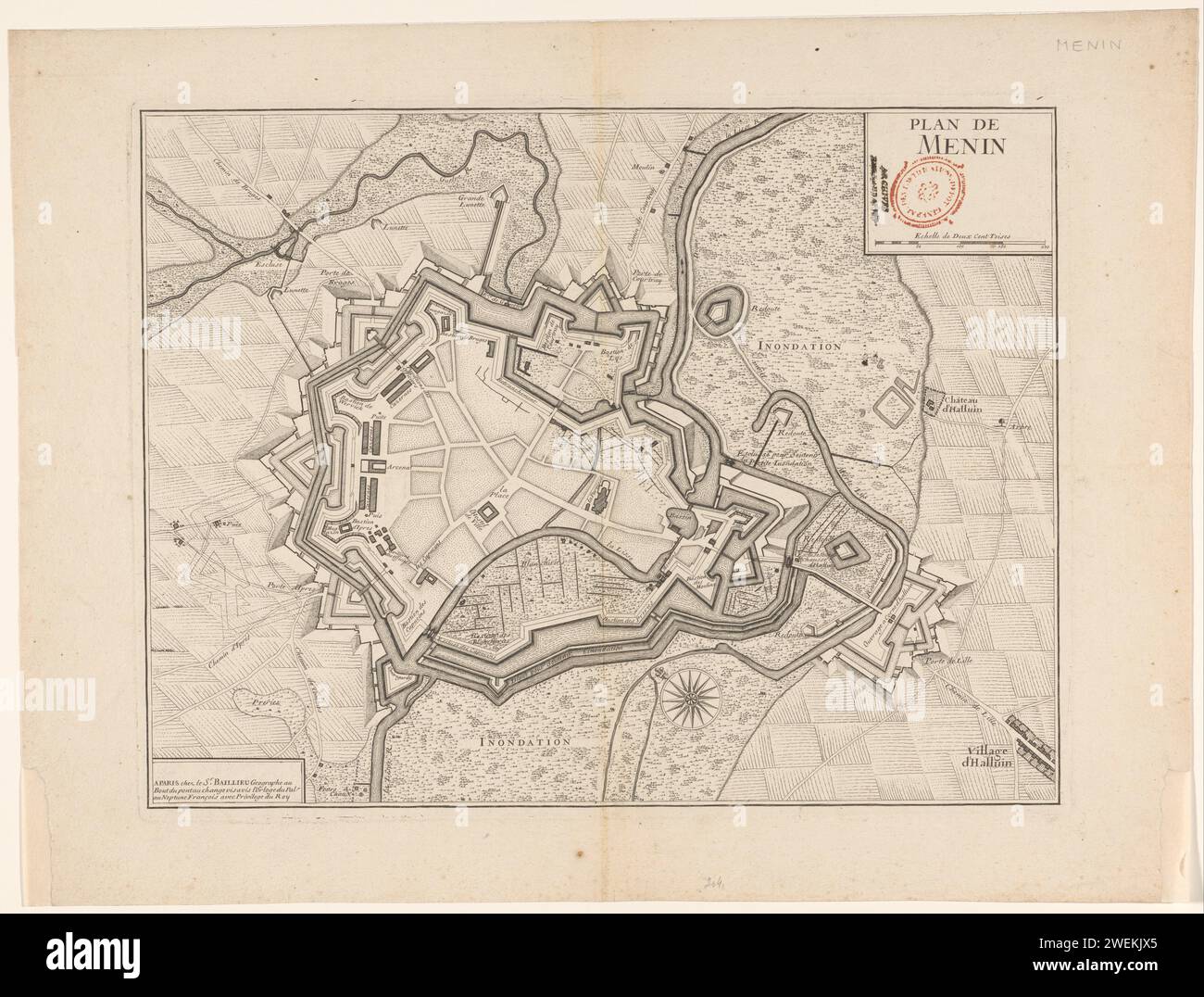 Menen fortress, Anonymous, 1690 - 1744 print Vesting map of Menen. At ...