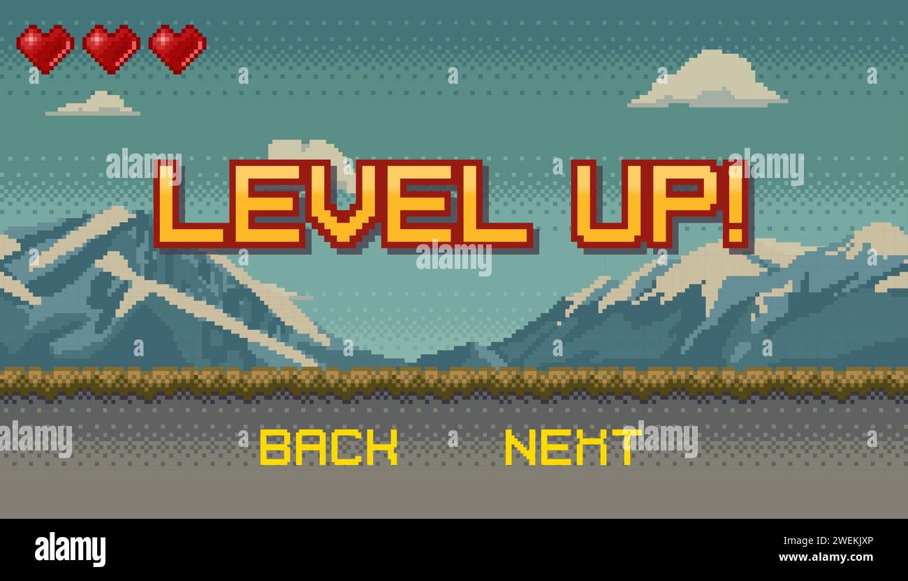 Pixel art banner with Level Up text and mountain landscape background ...