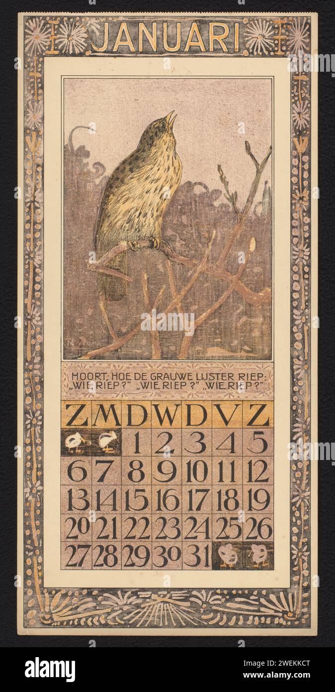 Calendar magazine for January 1907 with a song thrush, Theo van Hoytema ...