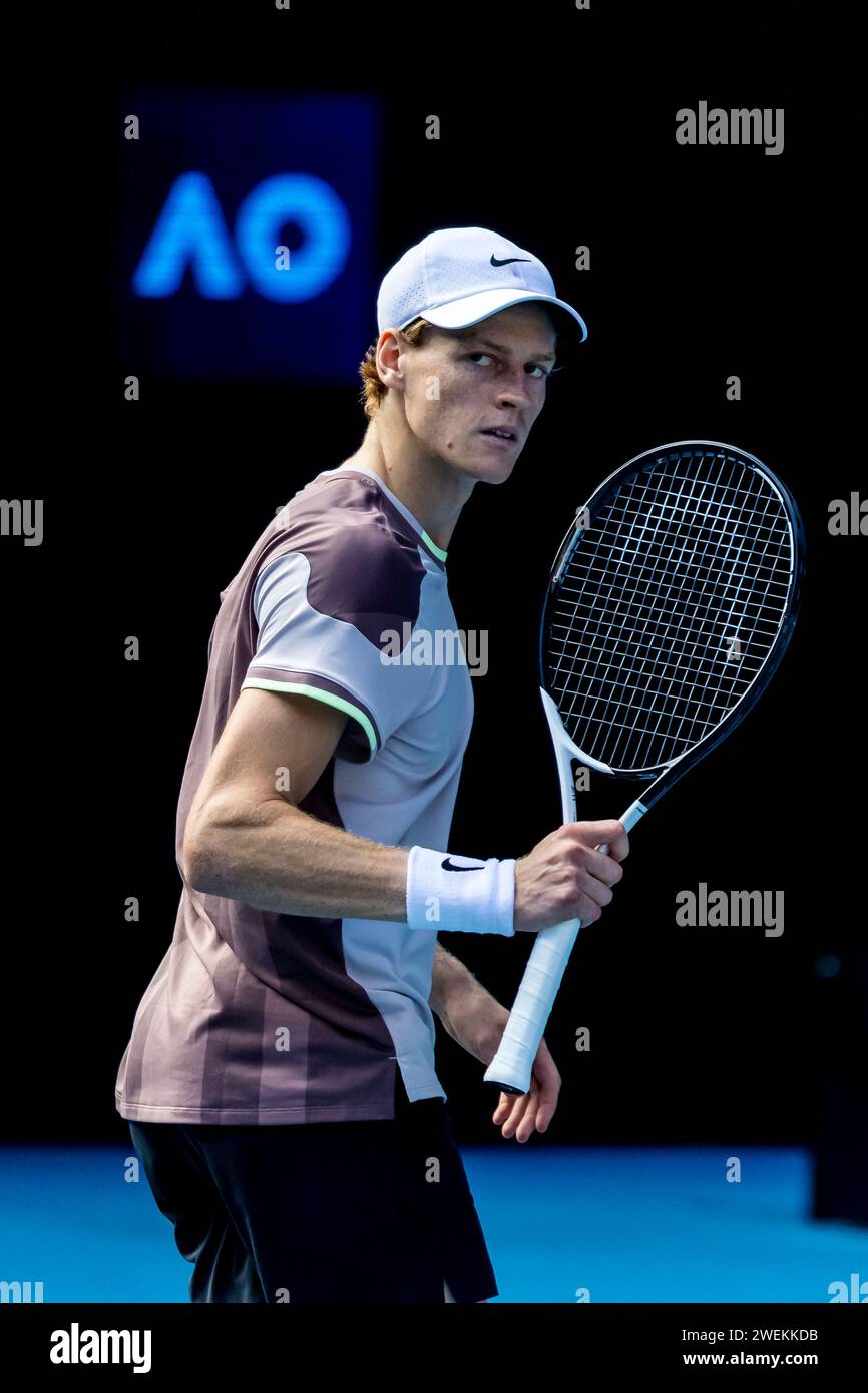 MELBOURNE, VIC - JANUARY 26: Jannik Sinner of Italy celebrates during ...