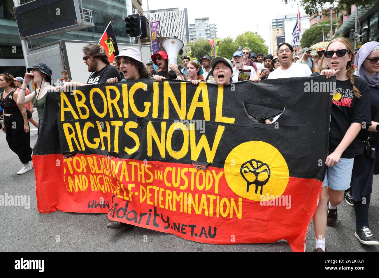 Sydney, Australia. 26th January 2024. Protesters gather in Belmore Park ...