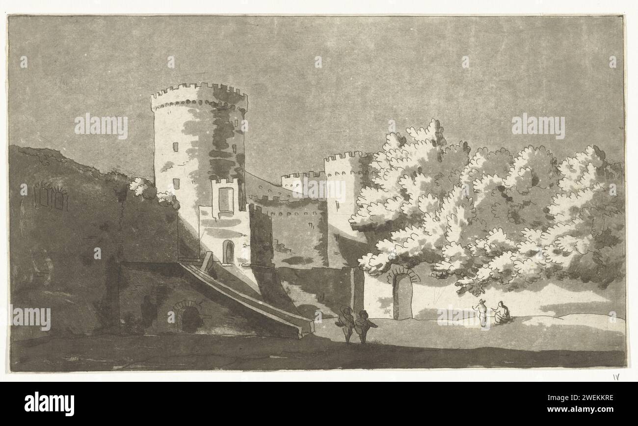 Wall of a castle with towers, Anthonie van den Bos, after Jacob van der ...