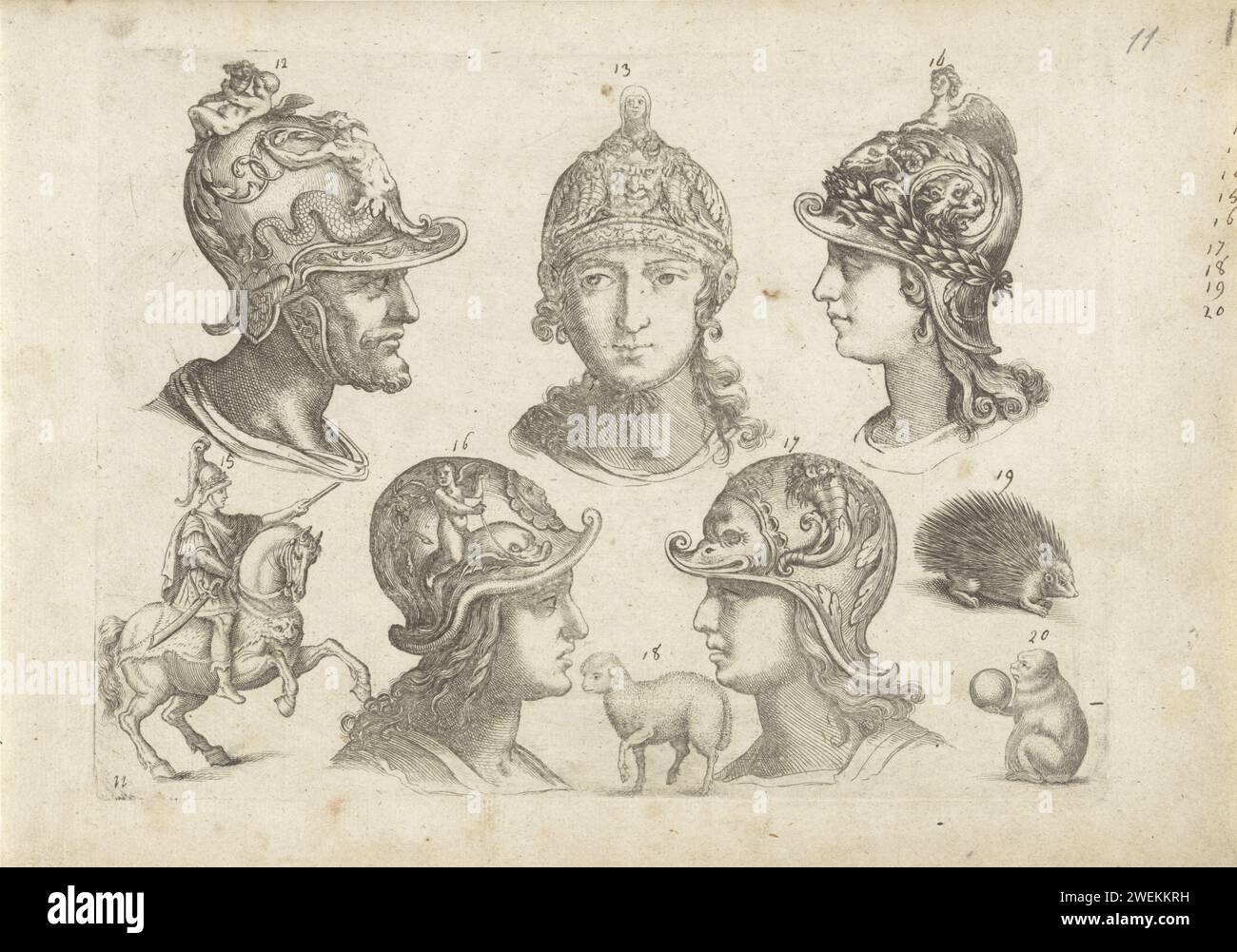 Study sheet with drawing examples: heads and animals, 1610 - 1672 print ...