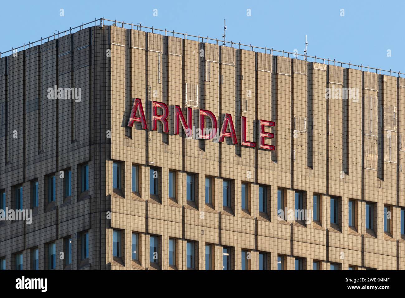 An image of the higher levels of the iconic Arndale House, Manchester, UK taken on a sunny, blue ...