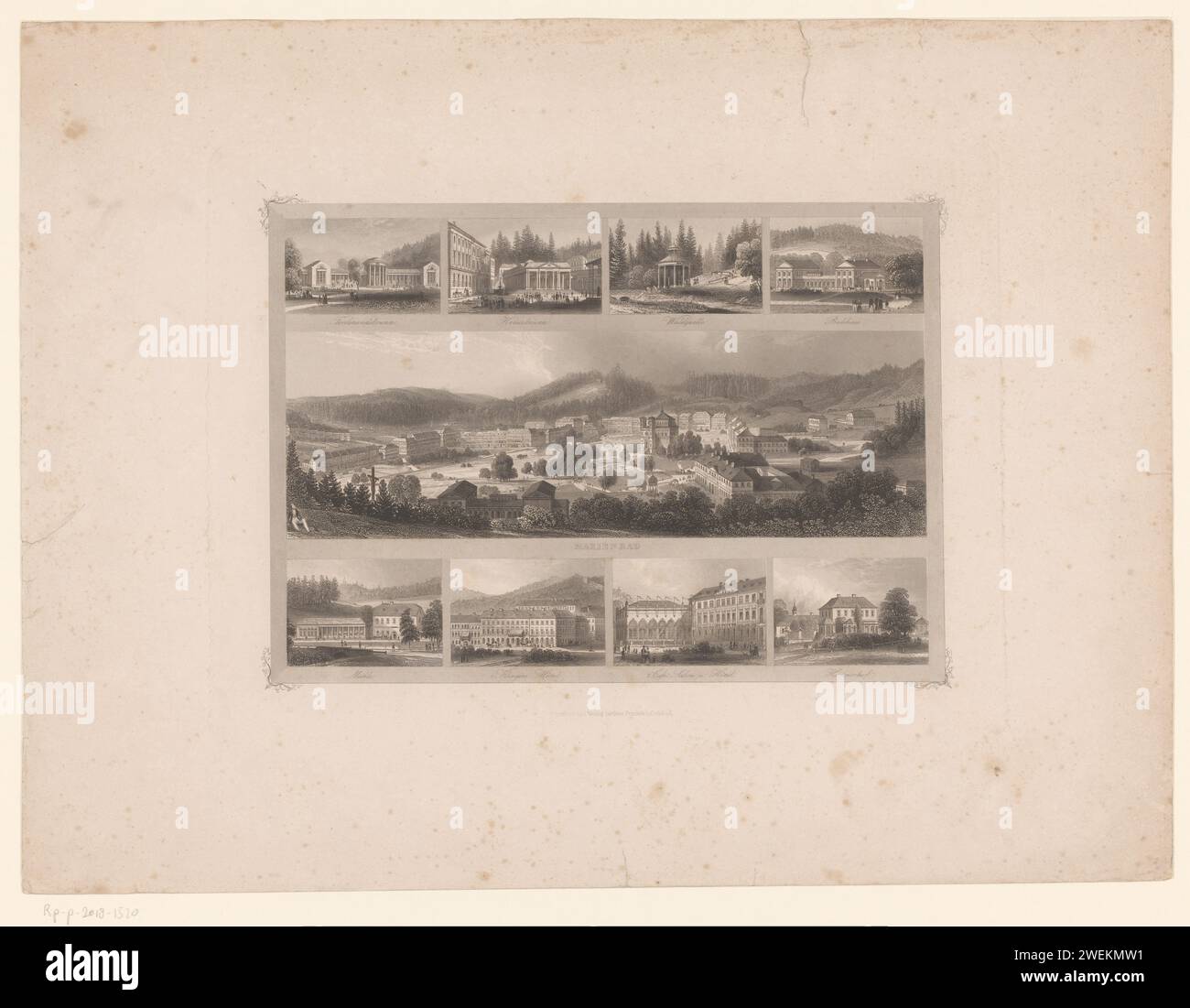 View of Mariënbad with eight faces on distinguished buildings in the ...