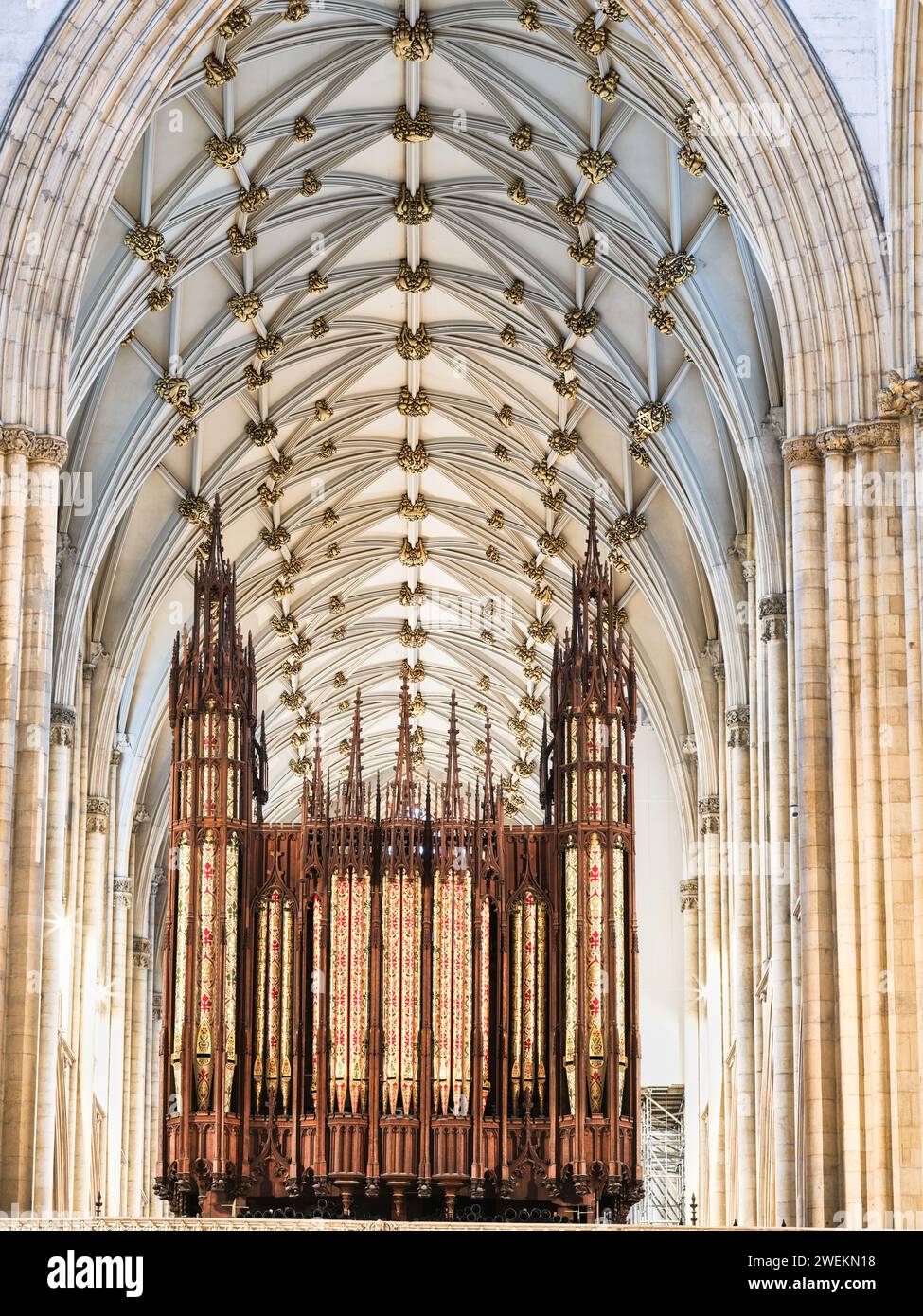 Organ pipe beneath the decorated ceiling over the quire at the ...
