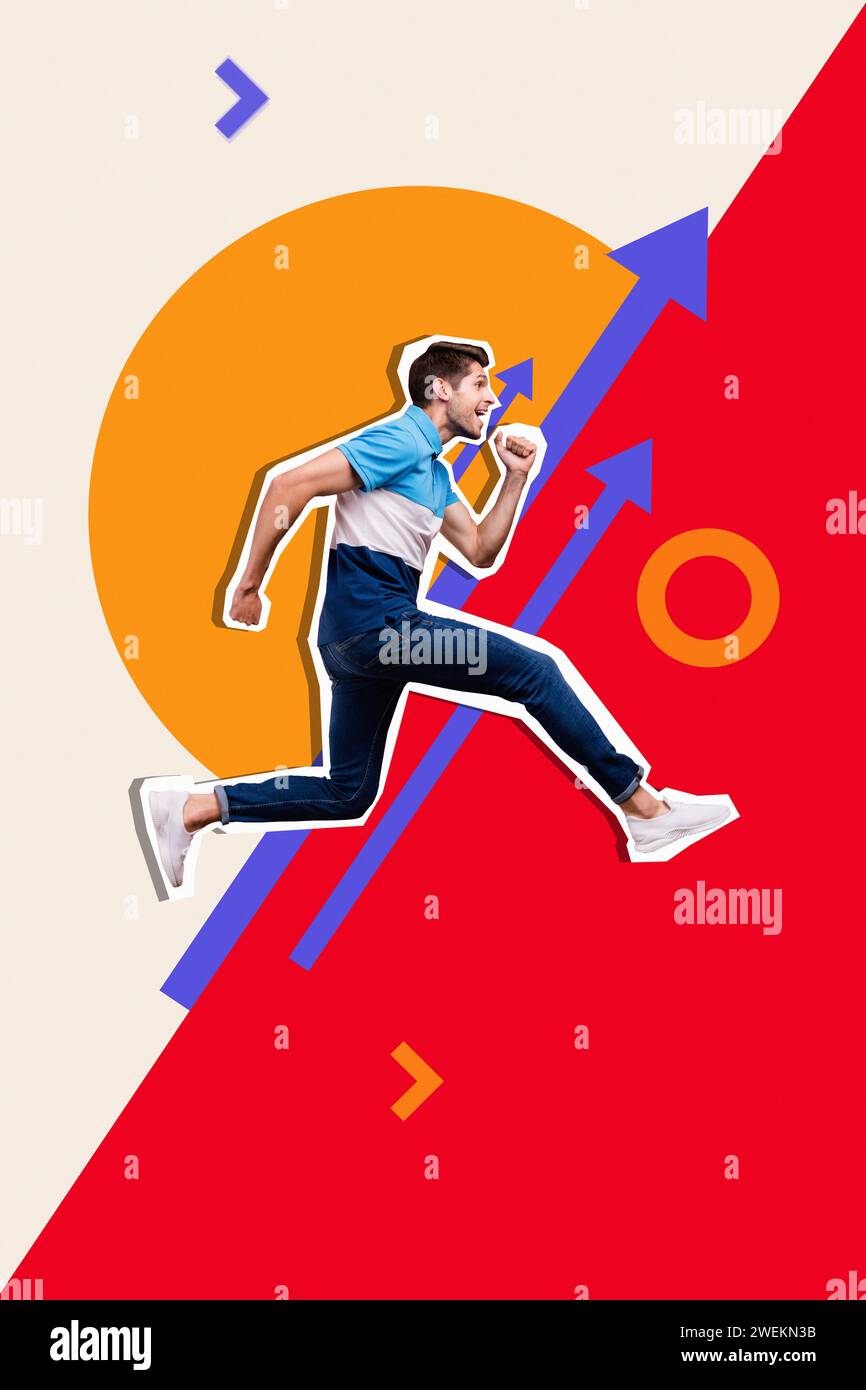 Vertical collage poster banner young running man go upwards reach ...