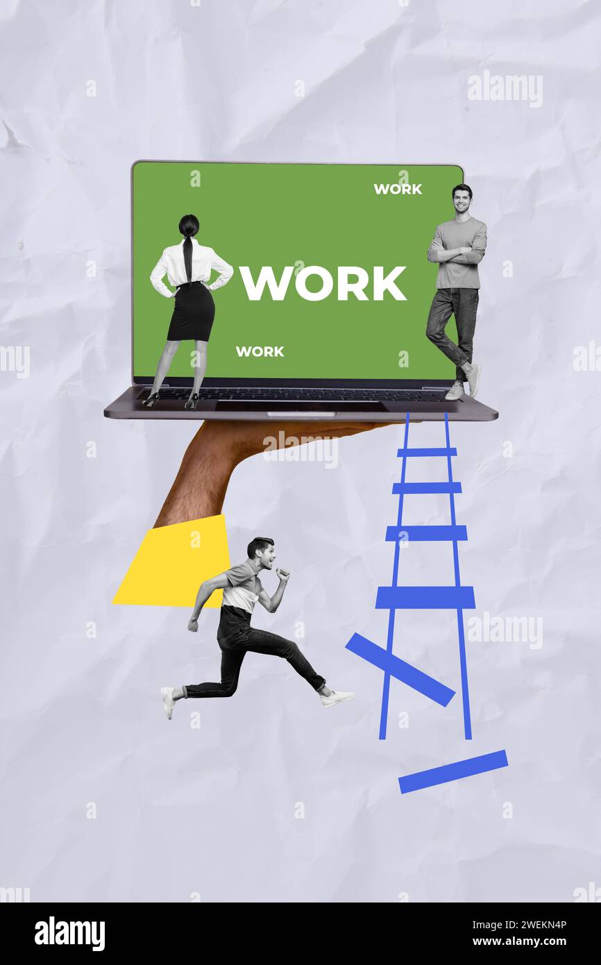 Creative vertical collage banner running young guy search job offer ...