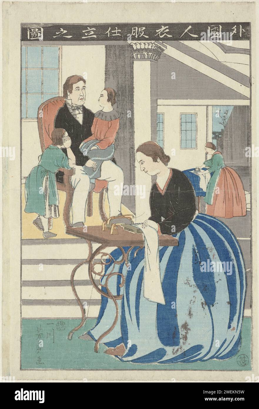 Western wife Acher A sewing machine, Utagawa Yoshikazu, 1860 print A ...