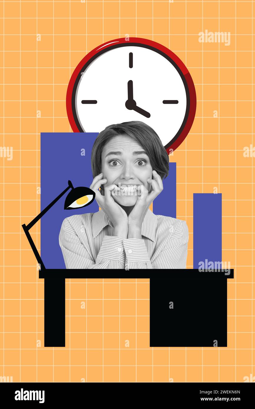 Vertical creative collage young shocked scared office worker woman lack ...