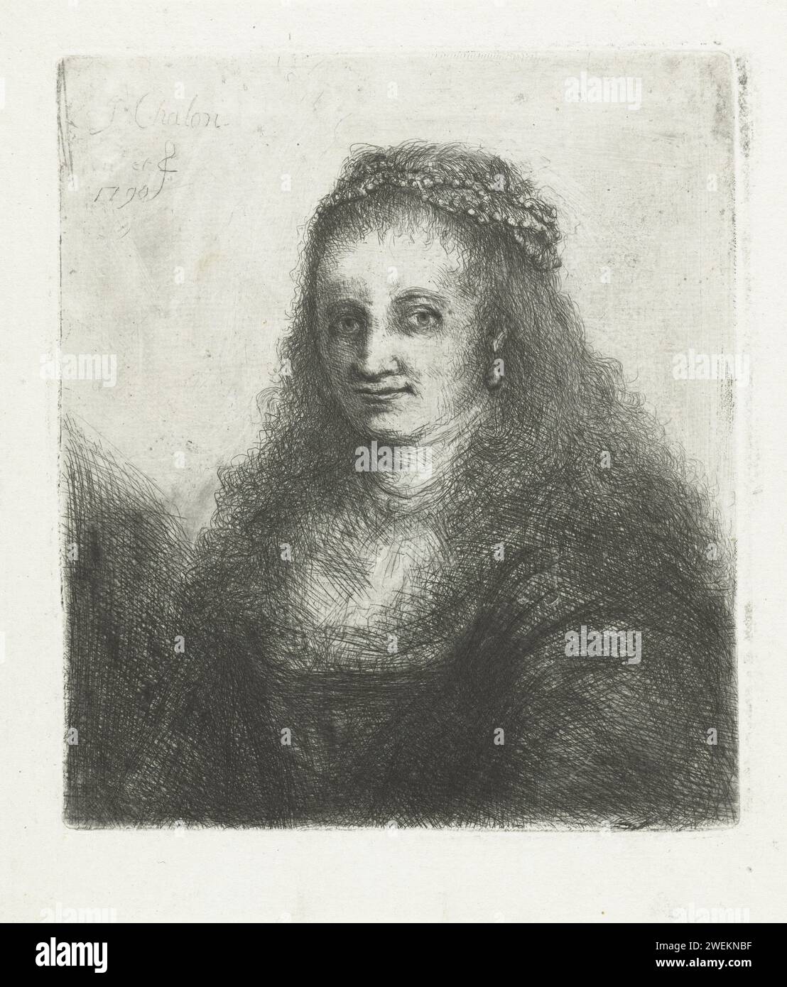 Woman with a pearl cord in her, Jan Chalon, 1790 print A young woman ...