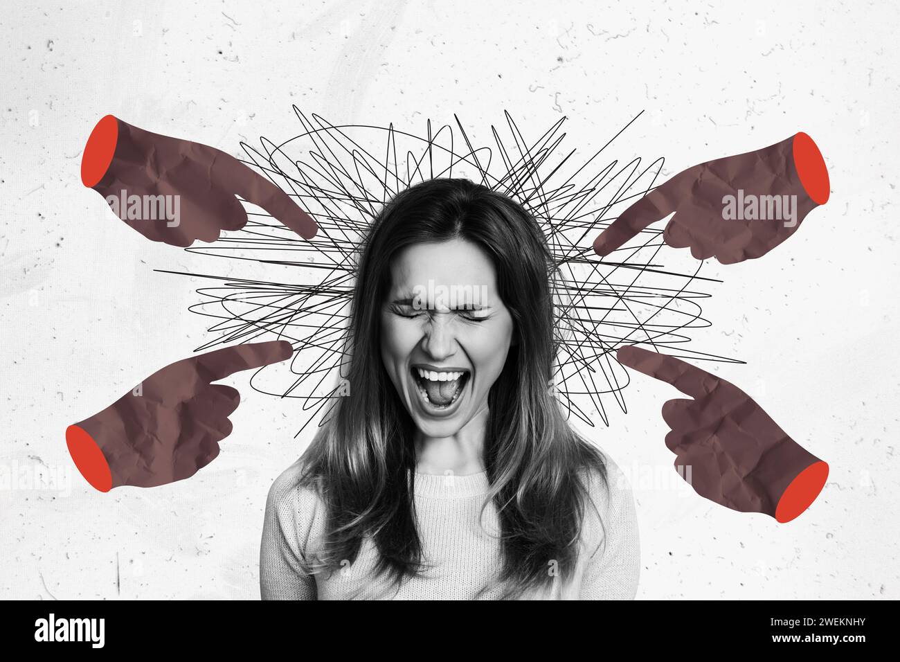 Photo collage picture young screaming girl suffer harassment bullying ...