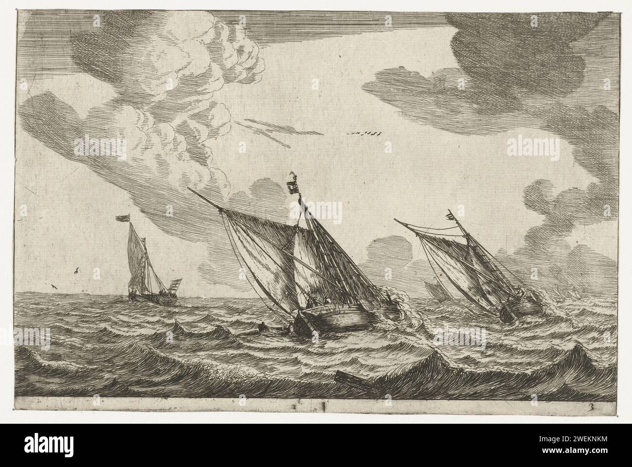 Three sailing ships on a rough sea, Reinier Nooms, 1654 - 1658 print ...
