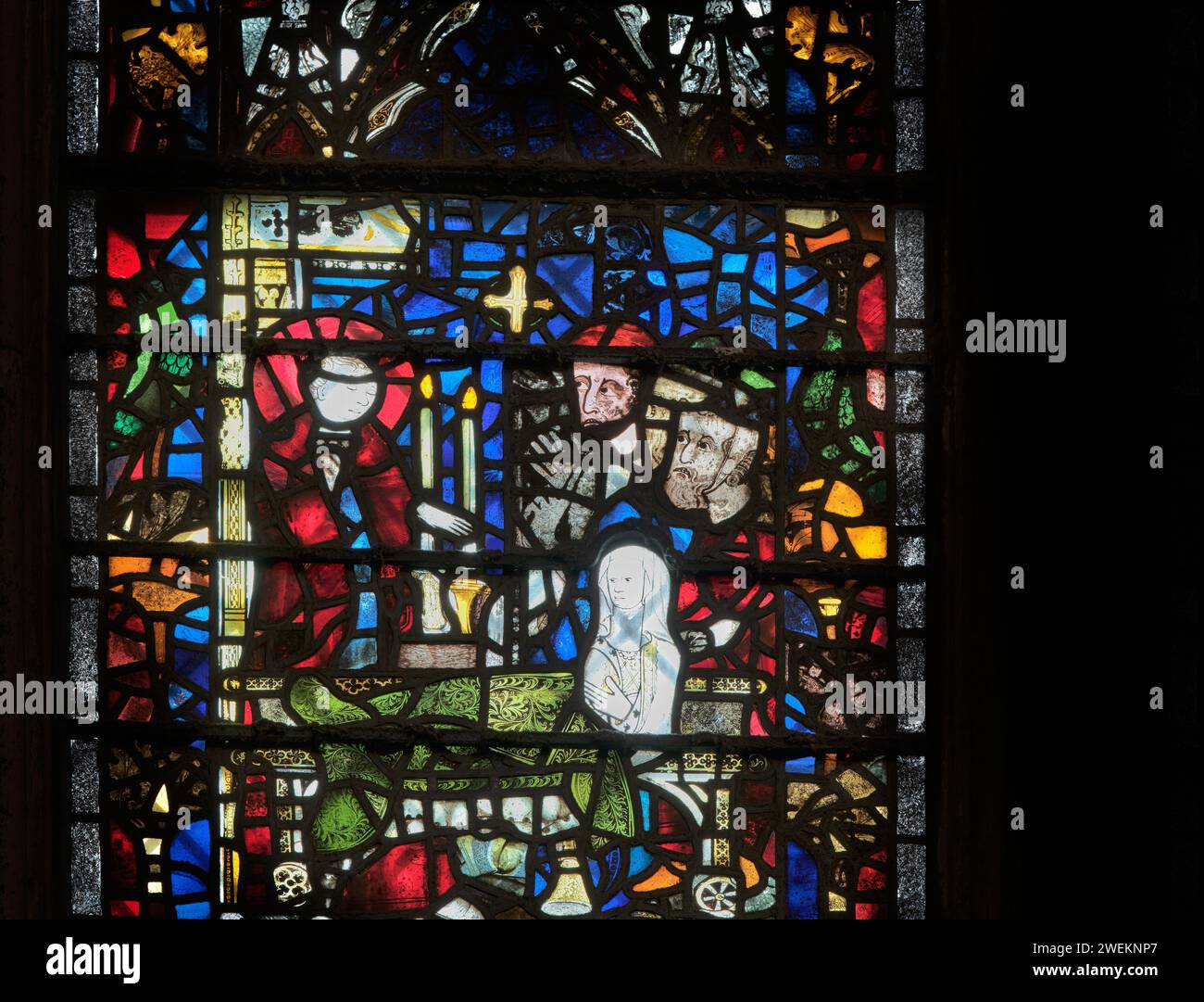 Medieval stained glass window, of the boy Jesus teaching learned men in ...