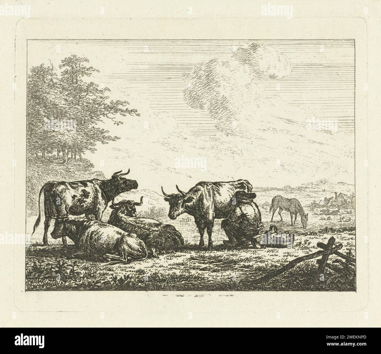 Landscape with farmer who milks cows, Johannes van Cuylenburgh, 1803 ...
