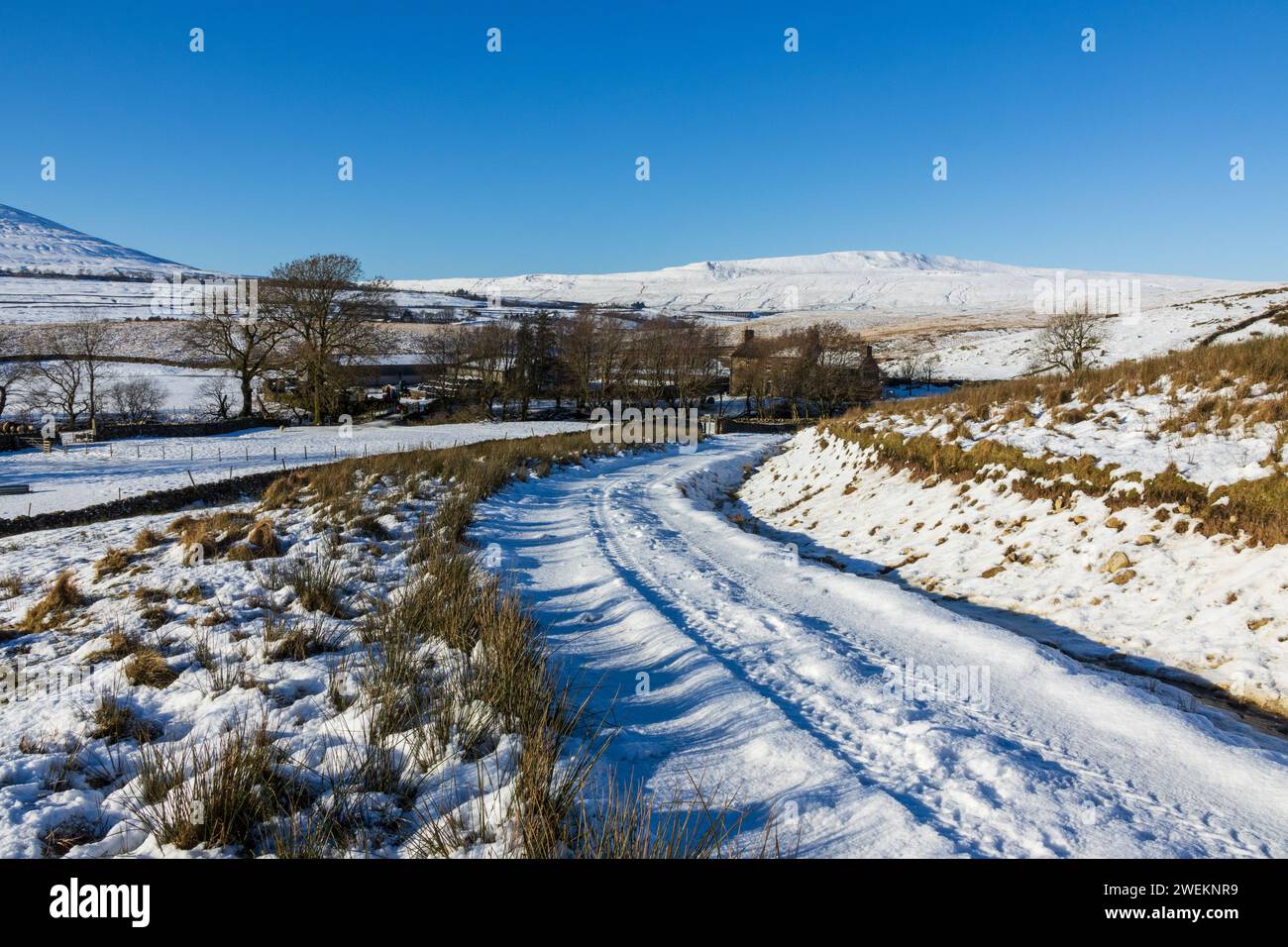 Yorkshire Dales winter landscape covered in snow, looking towards Ribblehead and Whernside from ...