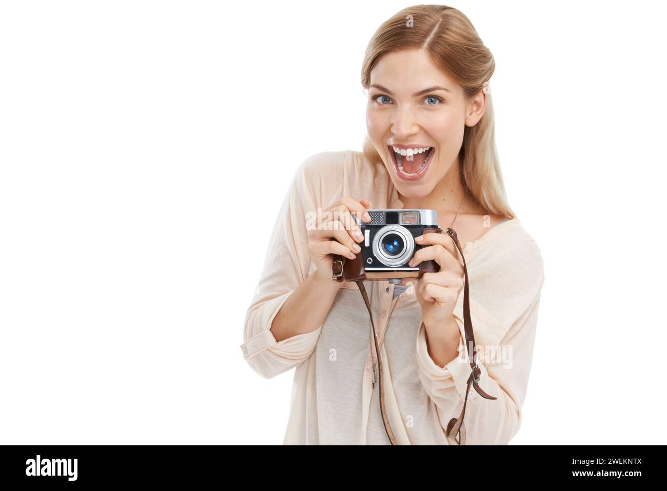 Portrait, photographer and excited woman with camera in studio isolated ...