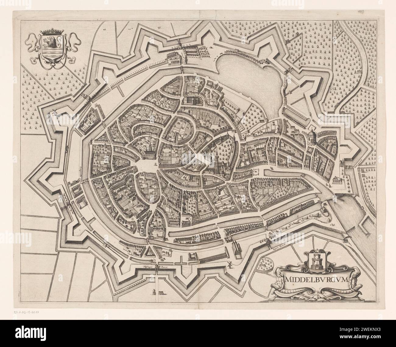 Map of Middelburg, Anonymous, 1657 - c. 1704 print Map in a nutshell perspective. At the top ...