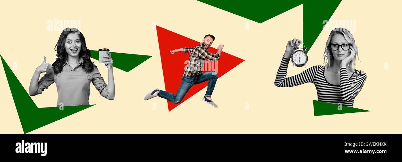 Creative abstract panorama collage of funny man run hurry up girls ...