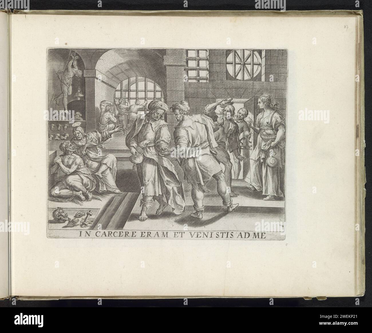 Visits from the prisoners, 1585 print Several people visit the ...