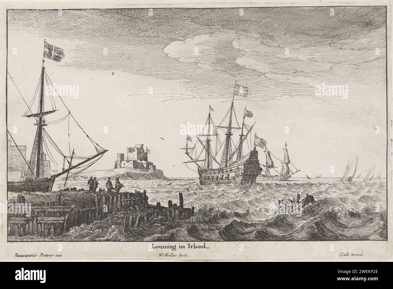 Ships off the coast of Ireland, Wenceslaus Hollar, after Bonaventura ...