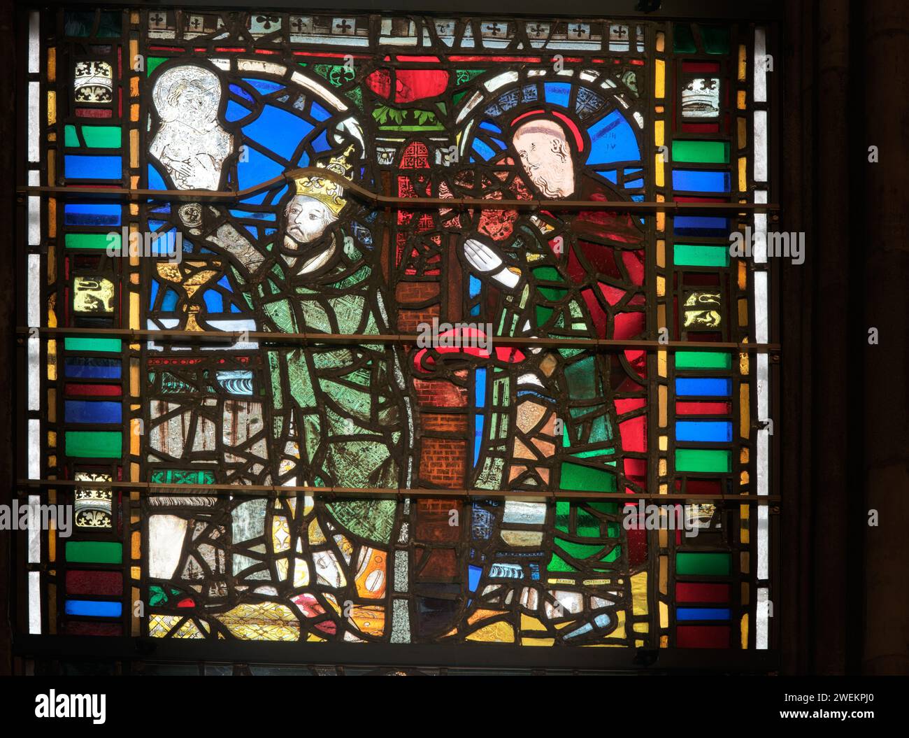 Medieval stained glass window, of the celebration of the eucharist ...