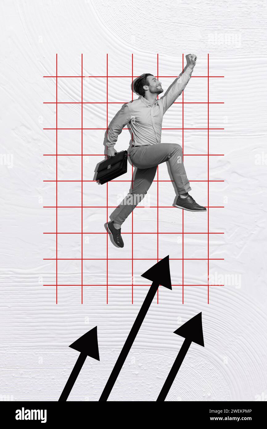 Vertical photo collage image young happy superhero businessman try ...