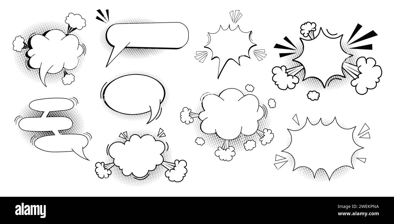 Set pow bubble speech comic expression frame cartoon doodle isolated on ...