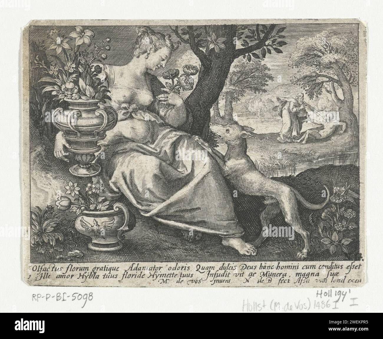 Sense smell, Nicolaes de Bruyn, After Maerten de Vos, 1581 - 1656 print Woman as a ...