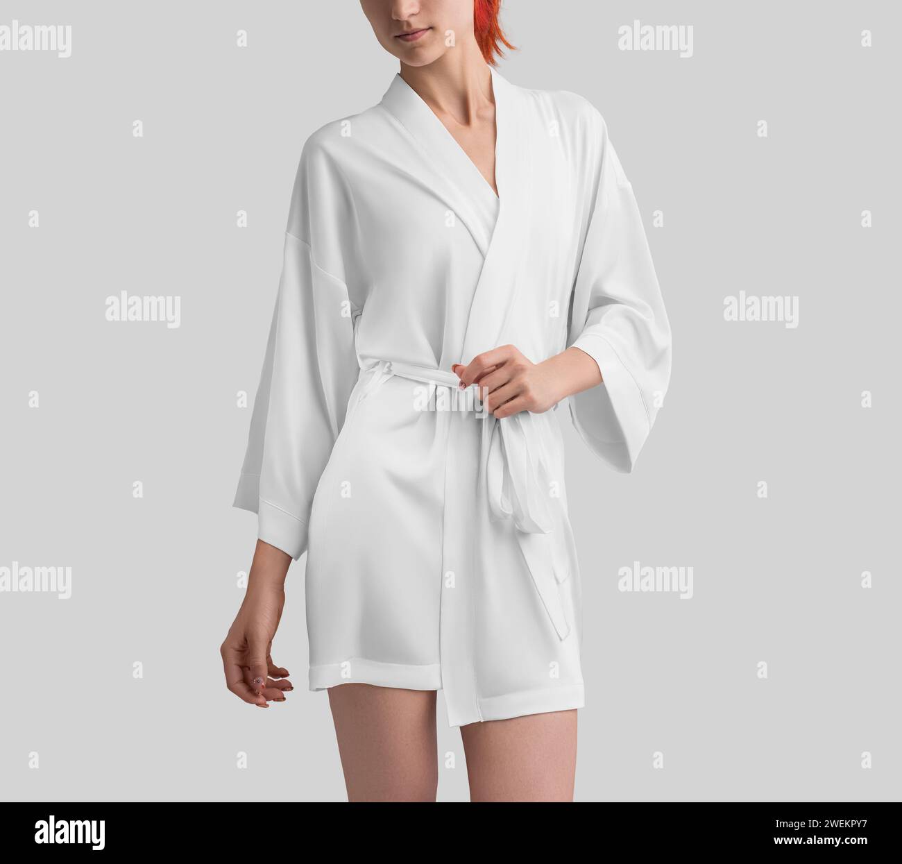 Mockup of white silk robe on slender girl, home wear for design ...