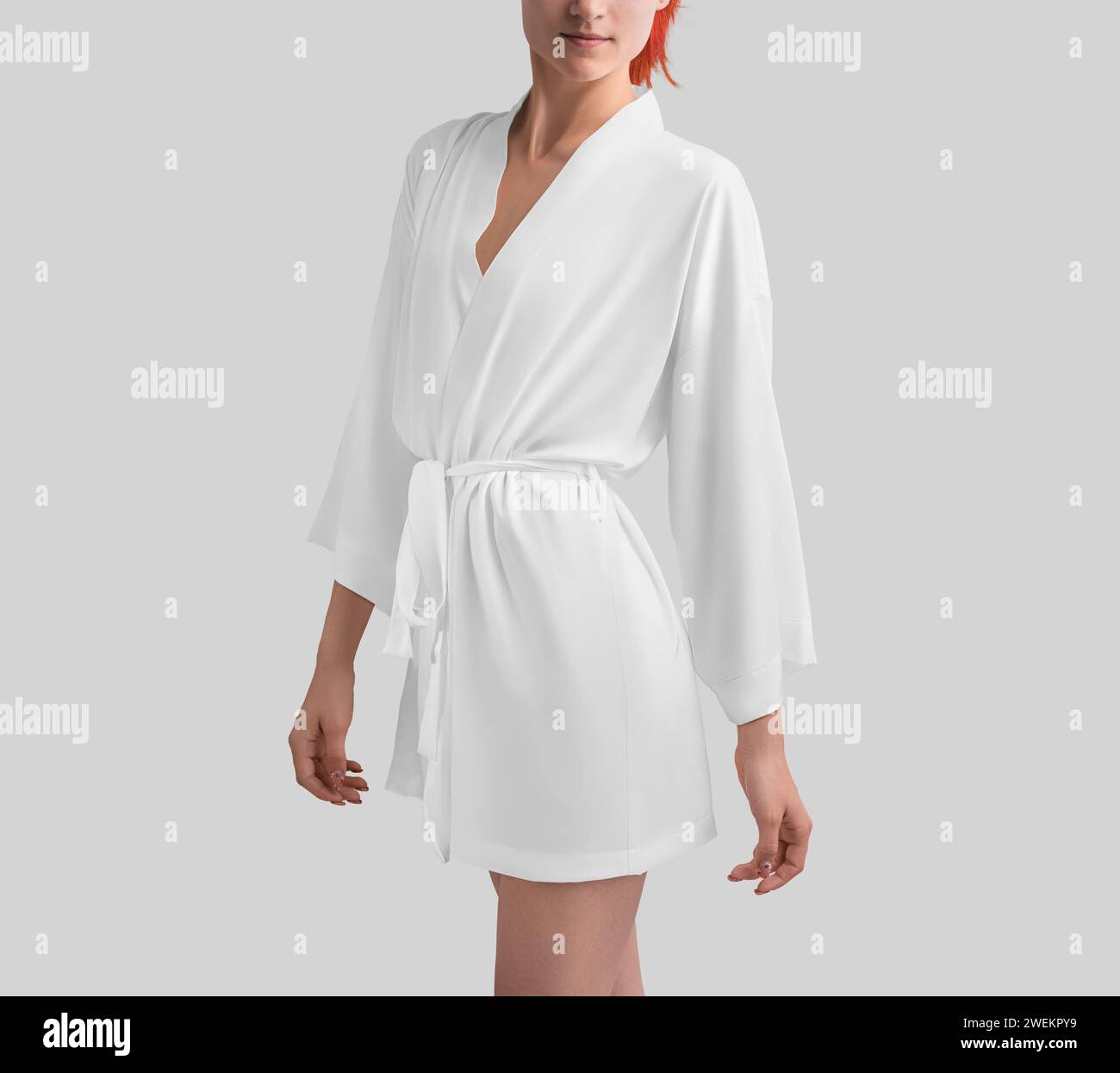 Mockup of a white silk robe on a girl, dressing gown with wide sleeves ...