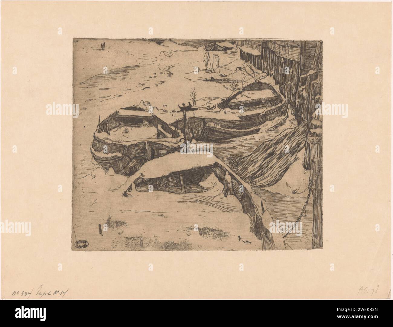 Three snowy rowing boats by a shore, Pieter Dupont, 1895 print The ...