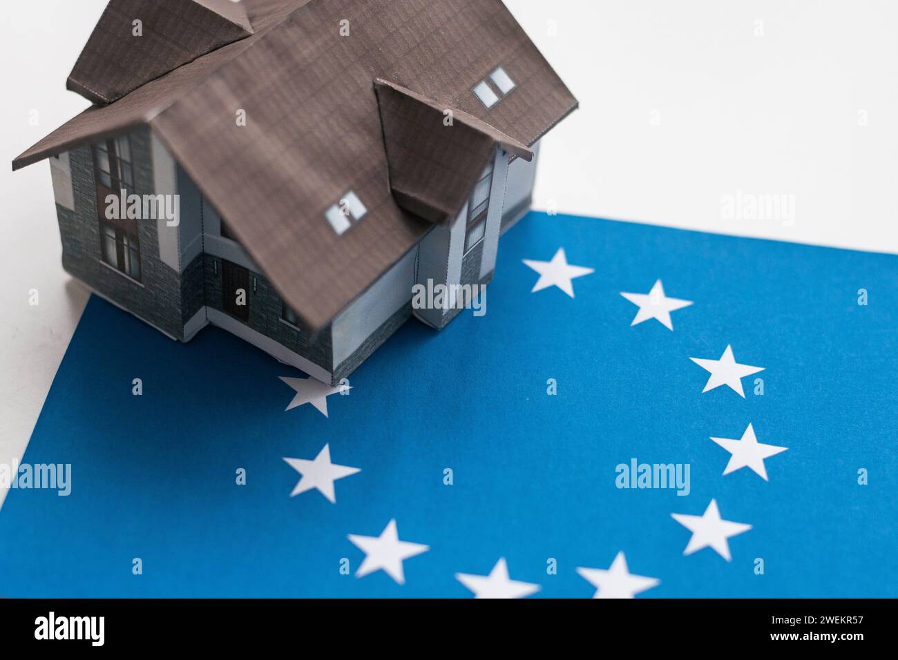 European Union symbol and small house.Isolated on white background.3d ...