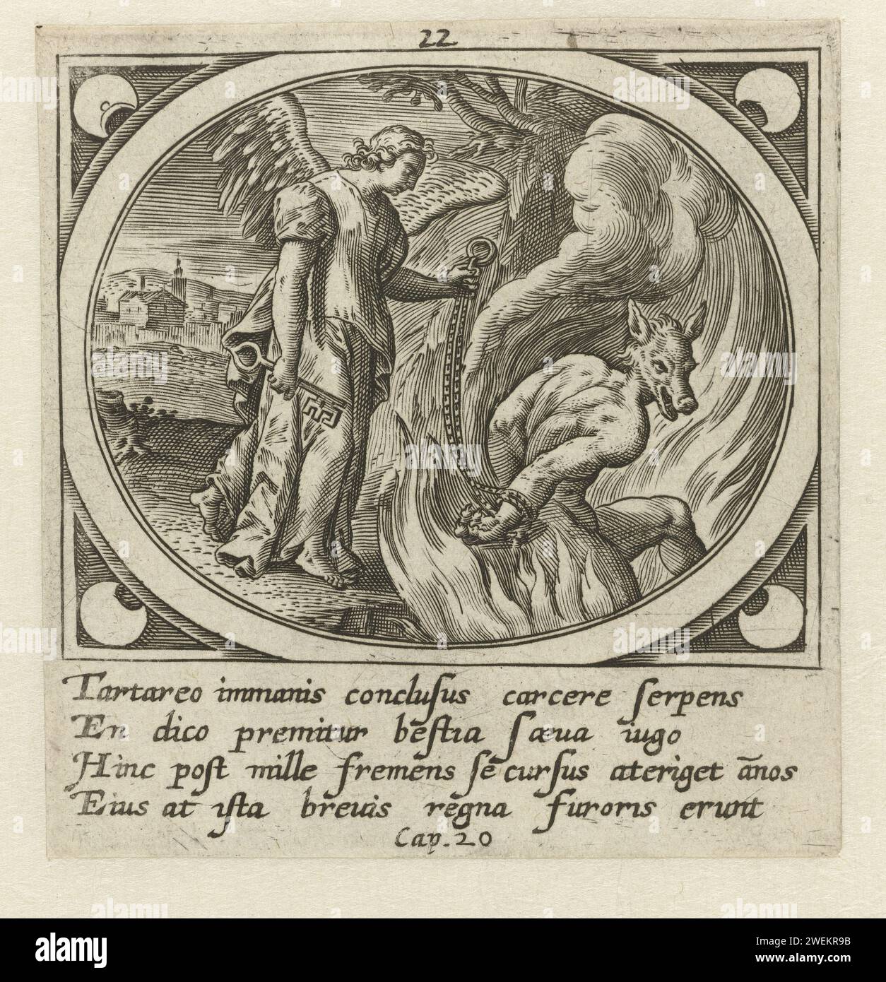 Engel Kelent Satan, 1585 print An angel with the key to the underground ...