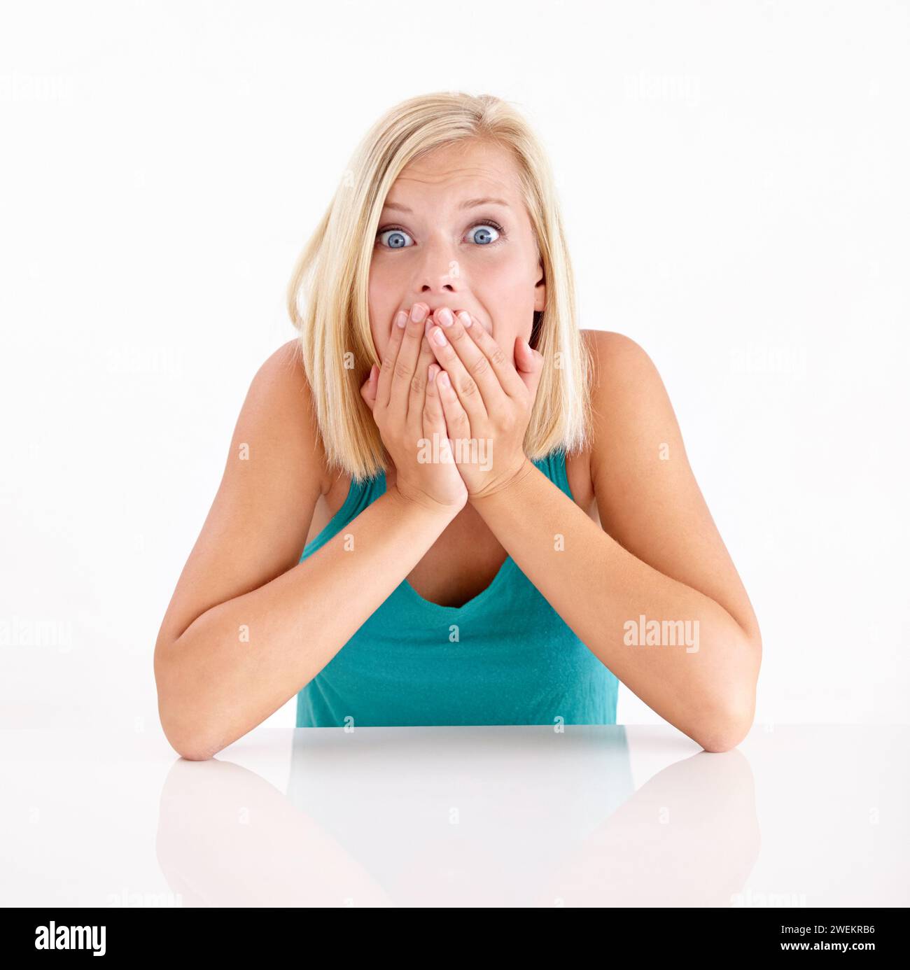 Woman, gossip and cover mouth in portrait with surprise, secret and ...