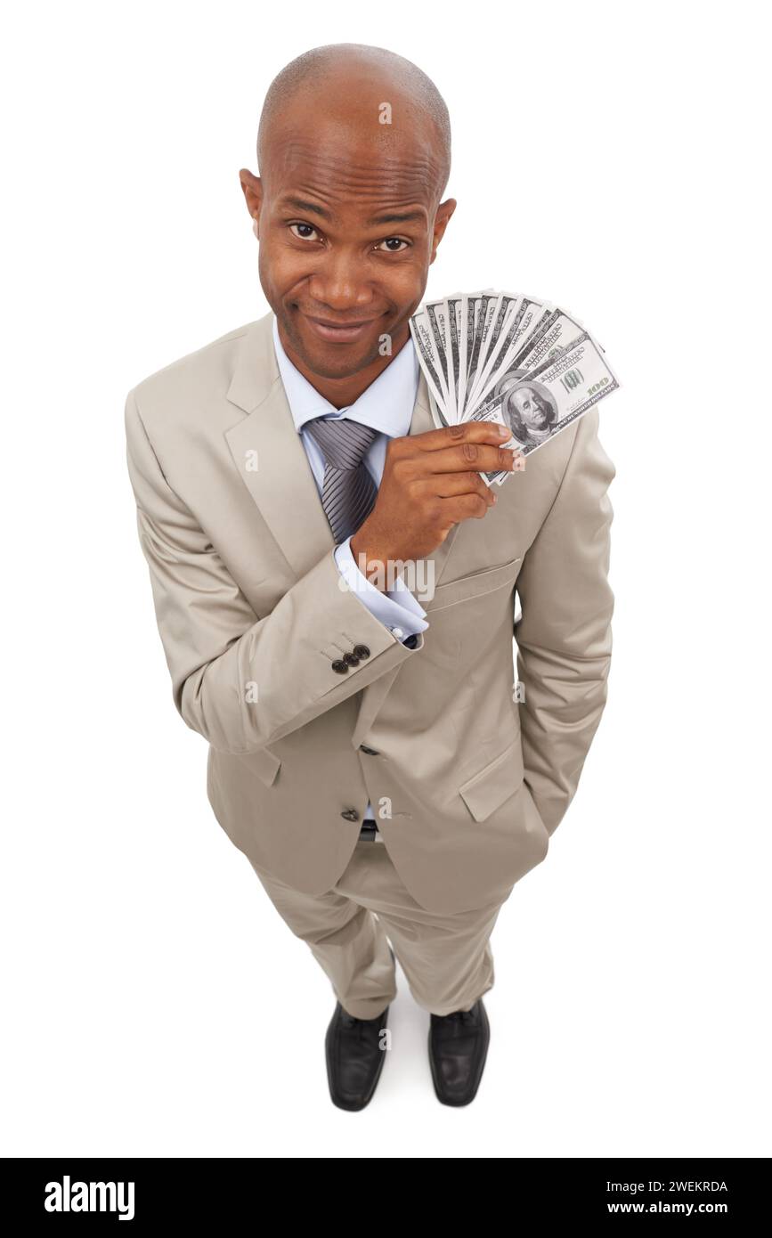 Happy businessman, portrait and money fan for savings, investment or ...