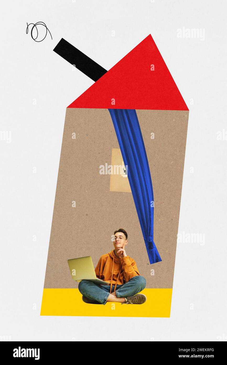 Contemporary art collage. Young guy, student dressed modern style ...