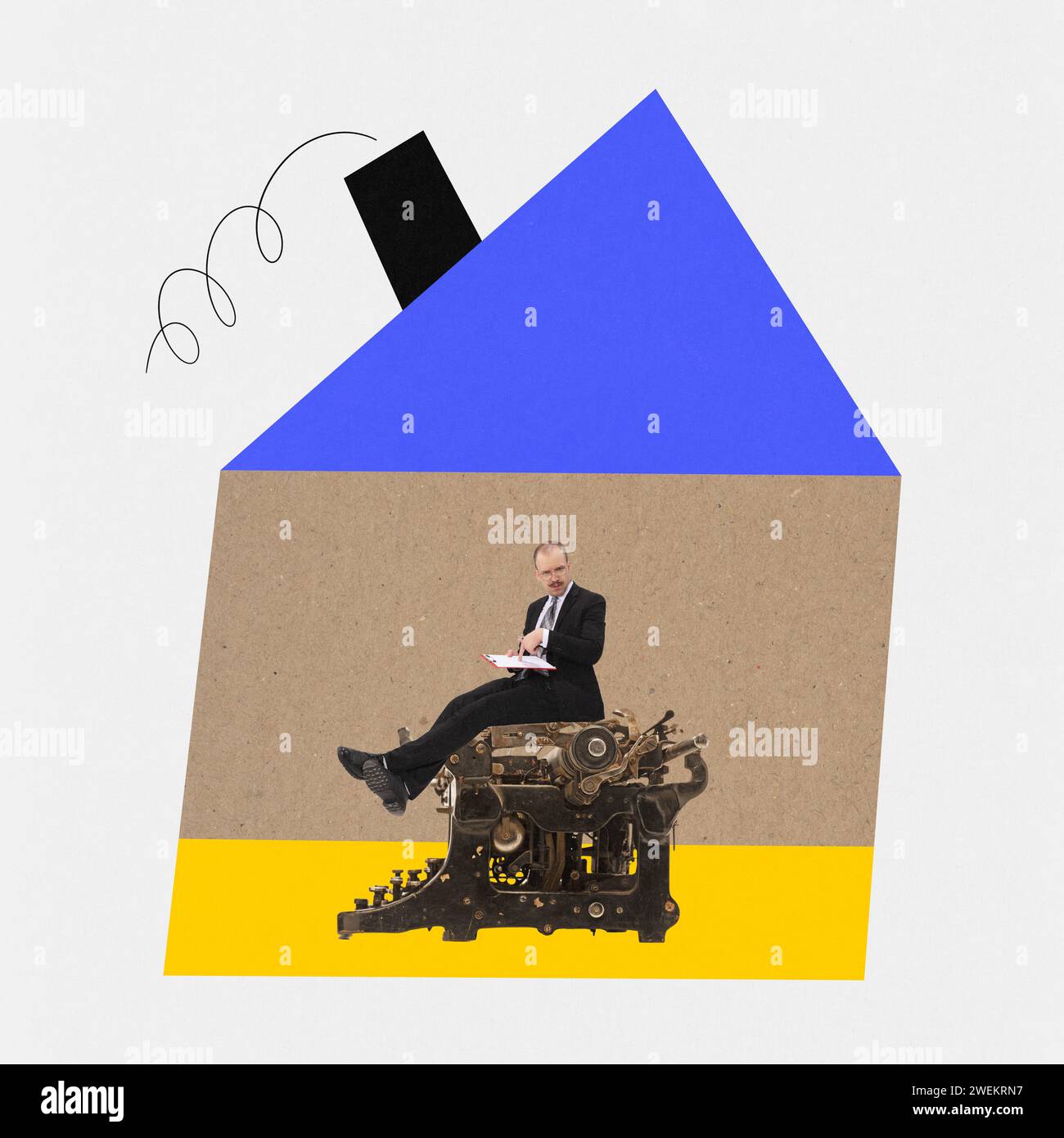 Modern aesthetic artwork. young businessman sitting on huge wage typing ...