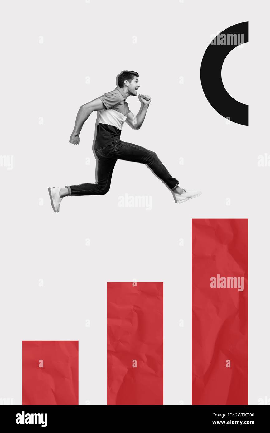 Vertical creative collage picture young running man achieve success ...