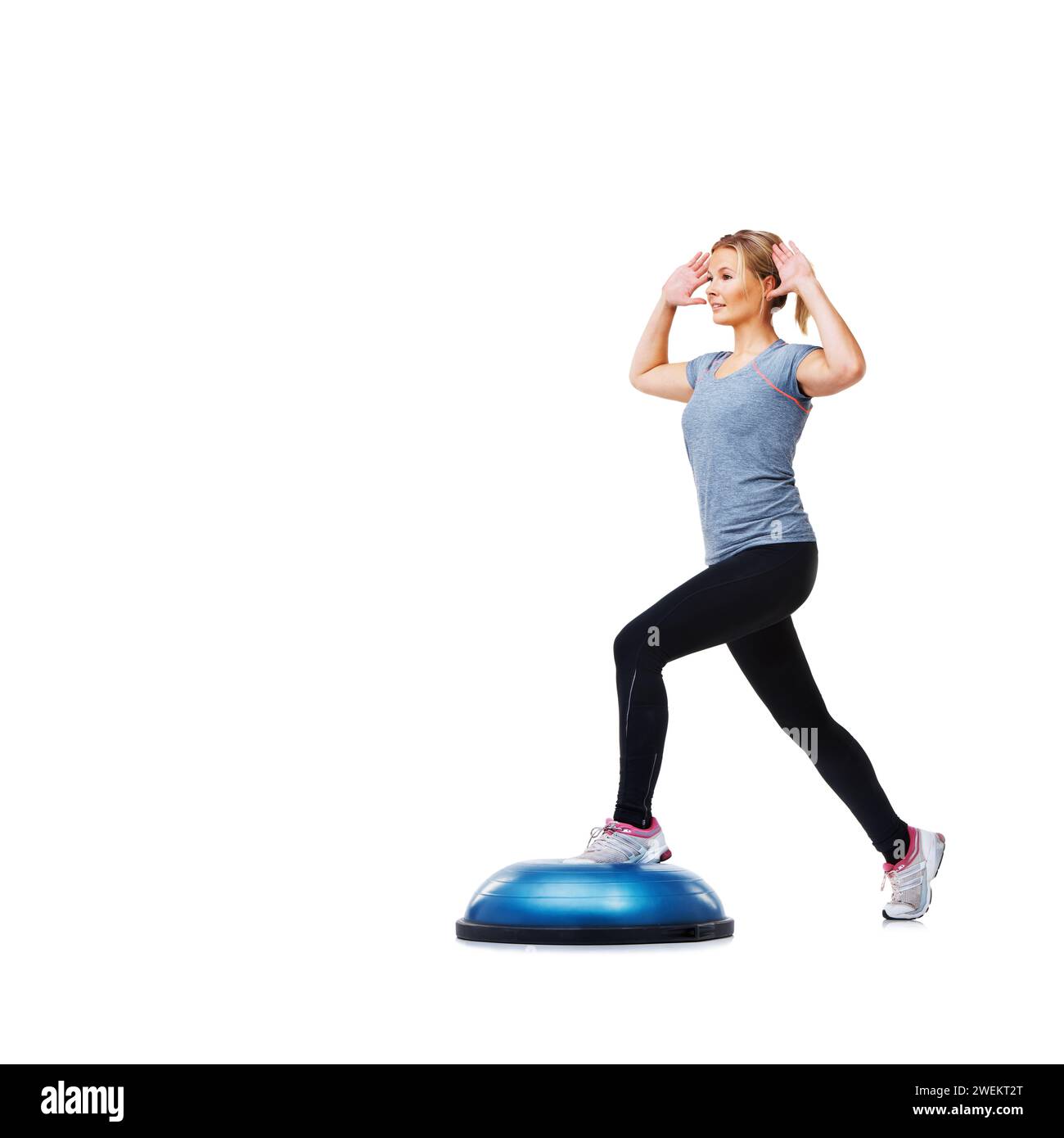 Woman, legs and stretching with workout, ball or balance for muscle ...