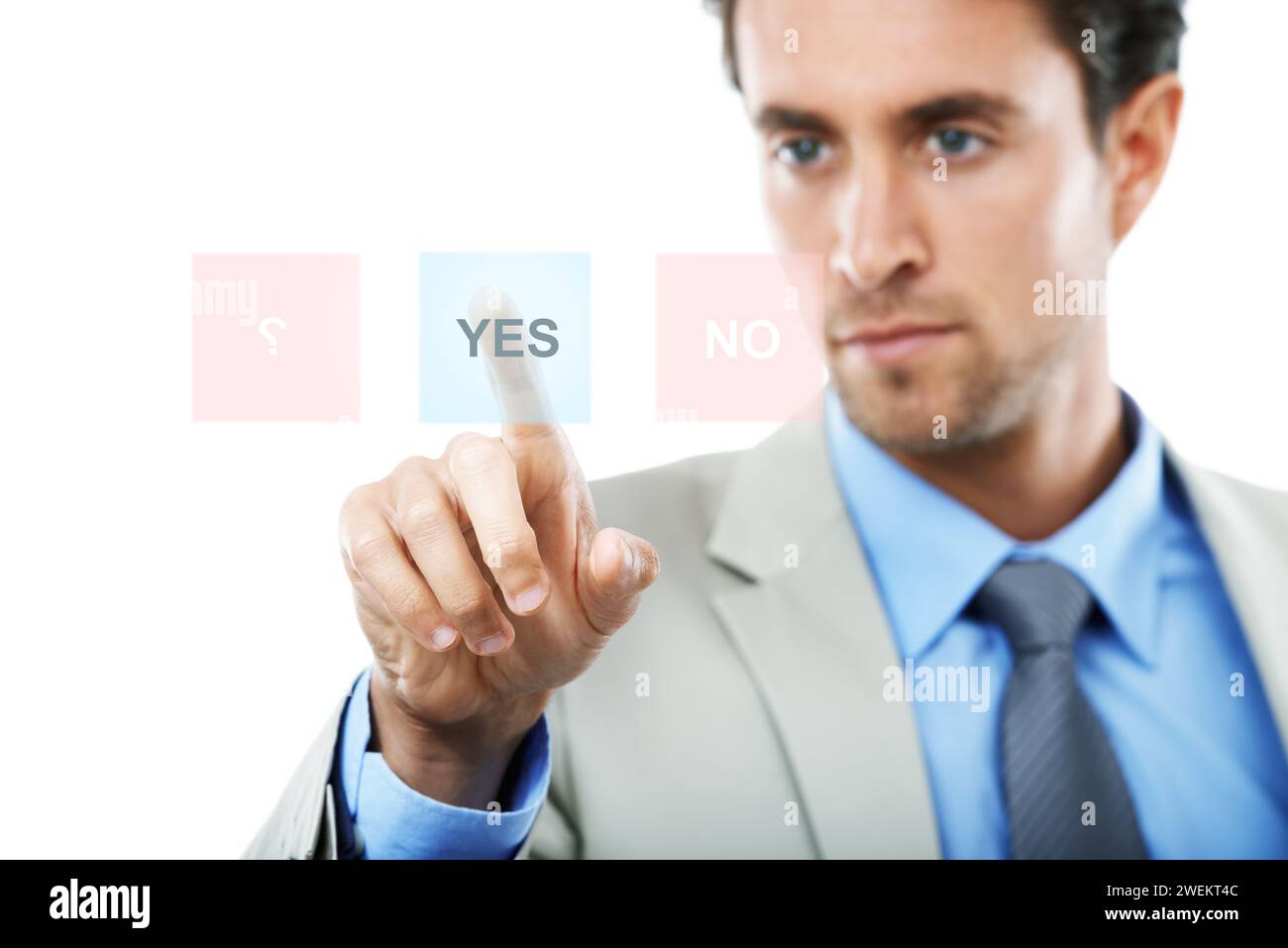 Businessman, UI and touching hologram with yes icon for decision ...