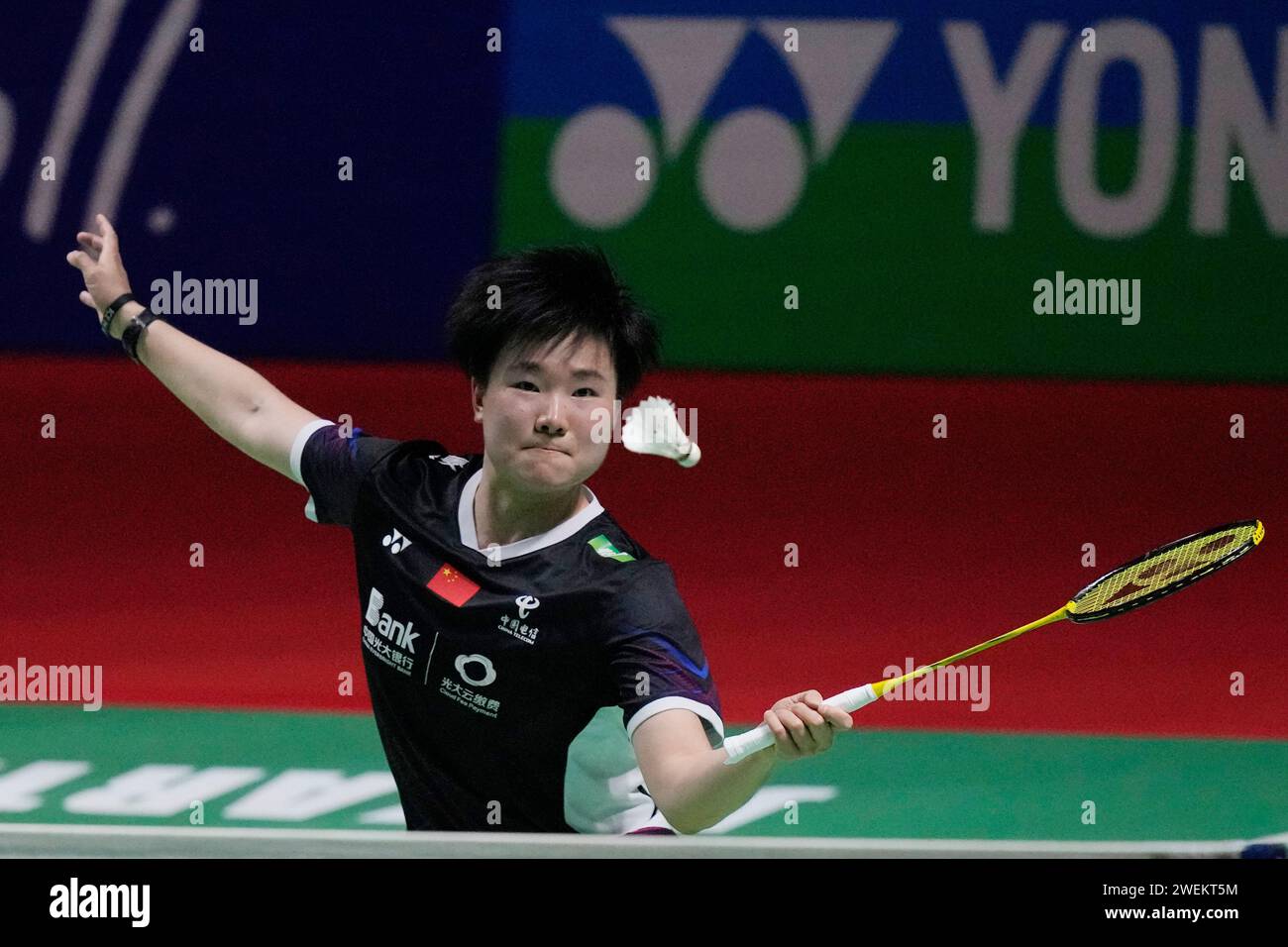 China's He Bing Jiao return a shot to China's Han Yue during the women ...
