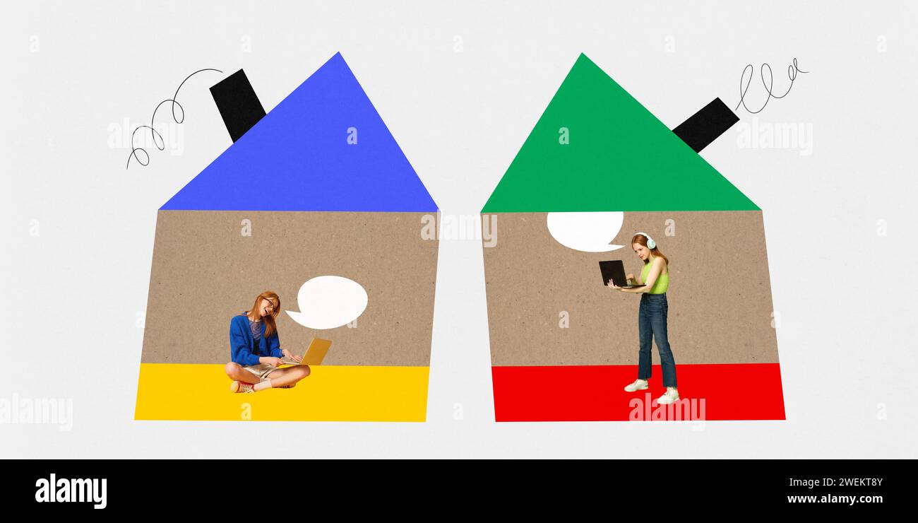 Contemporary art collage. Two girls, friends, classmates seating in ...