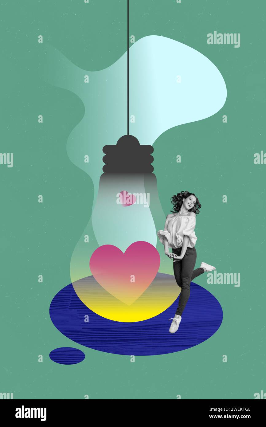 Creative poster collage of cute girl electric bulb idea dating ...