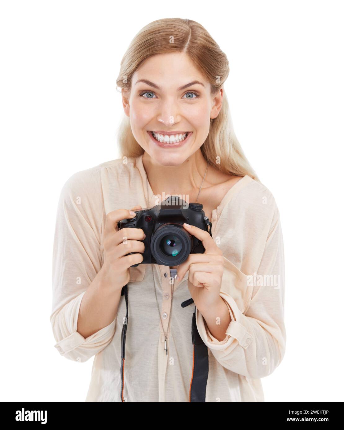 Portrait, photographer and smile of woman with camera in studio ...